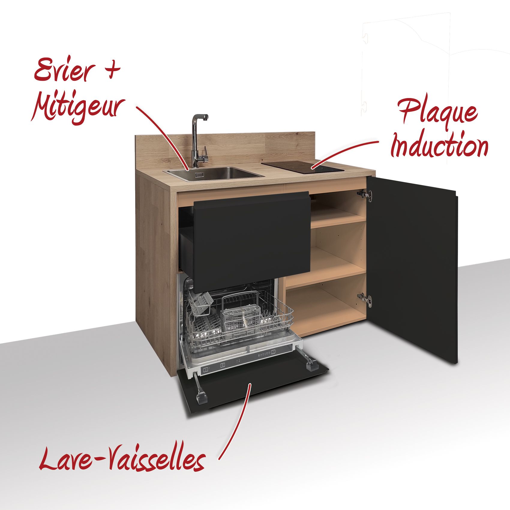 Kitchenette / Mini-Cuisine BASSE 126cm Noire VALINO - INCLUS : Plaque ...