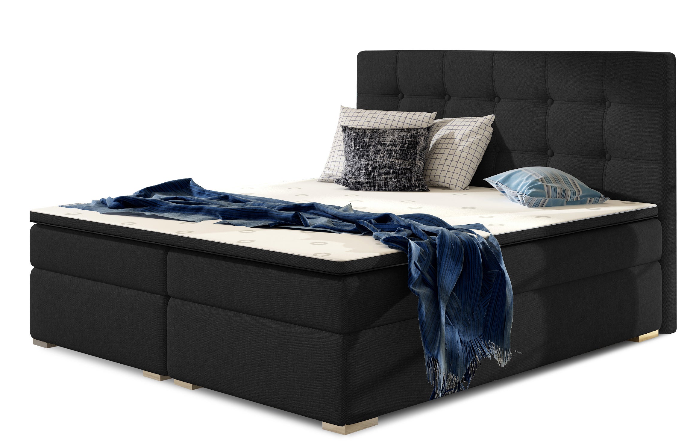 Lit boxspring tissu noir avec matelas et surmatelas Kavin-180x200 ...