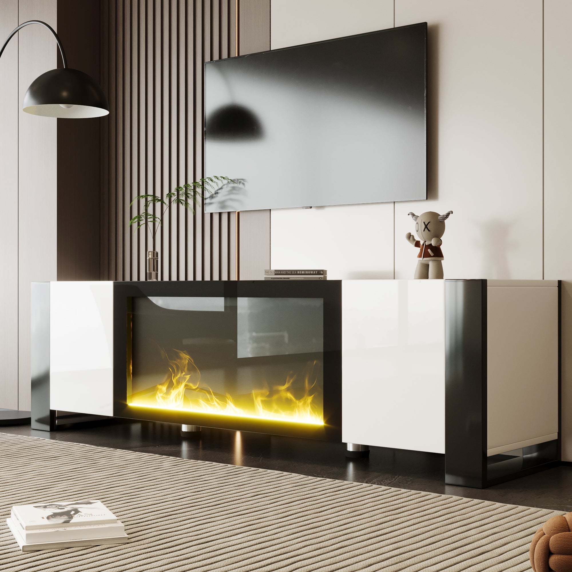 Meuble TV165x32x55xcm - 2 portes - Avec cheminée électrique effet ...