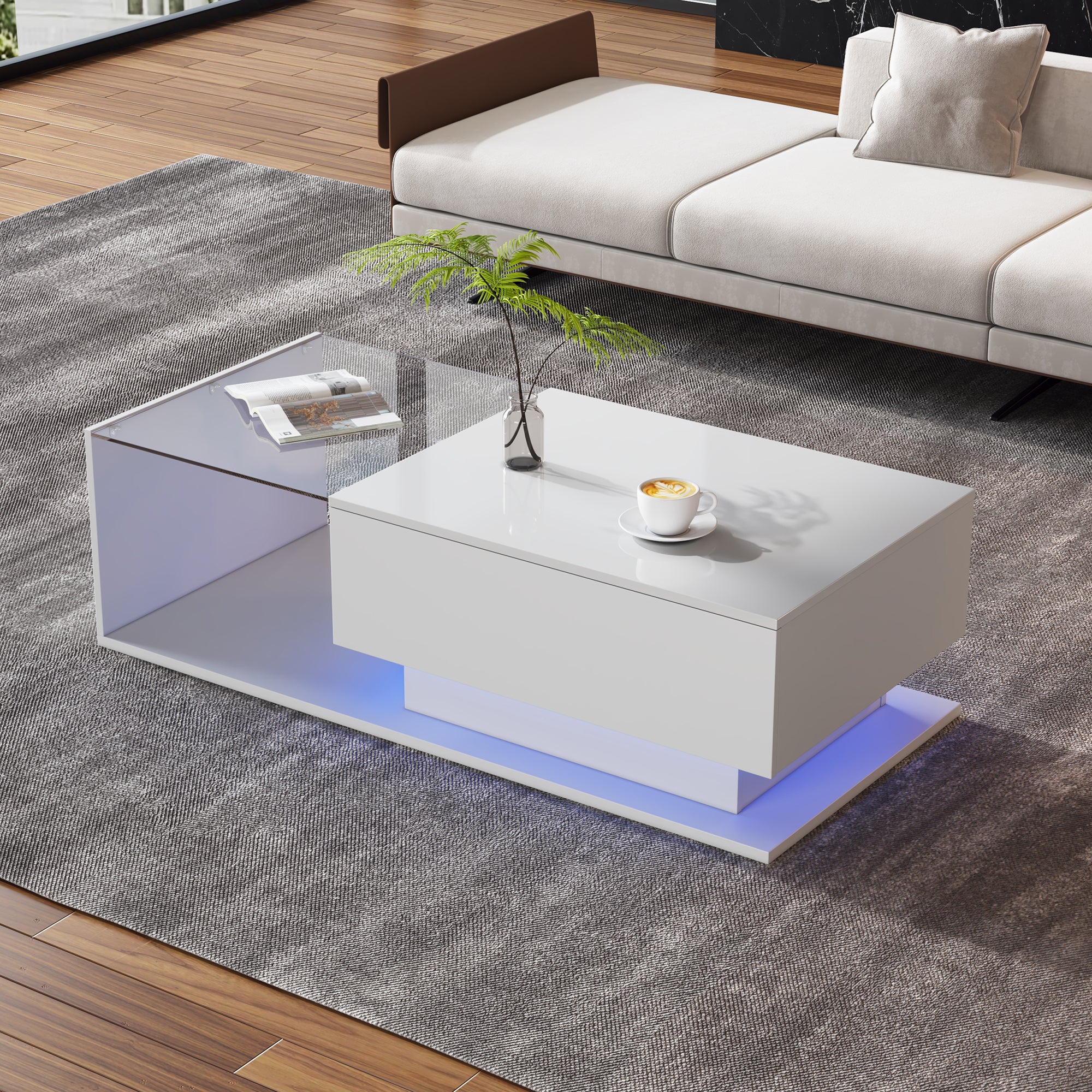Table basse blanc brillant 100 x 50 x 32 cm avec éclairage LED, plateau ...