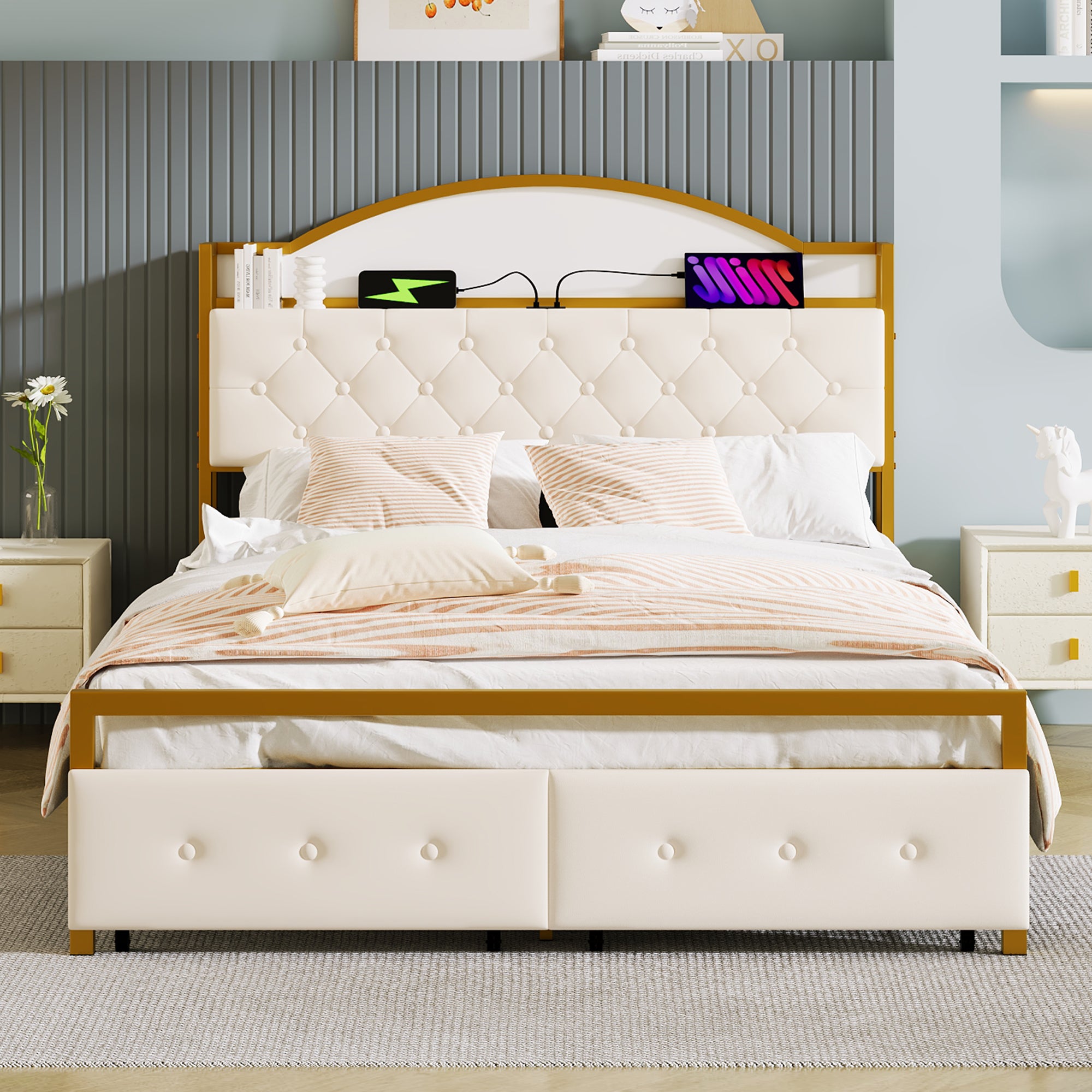 Lit plat 140*200 cm, tête de lit avec compartiment de rangement intégré ...