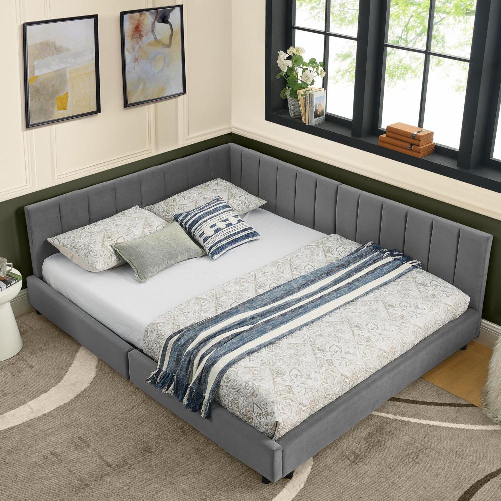 Lit double 160x200 cm en velours, dos haut, cadre en bois d'eucalyptus ...