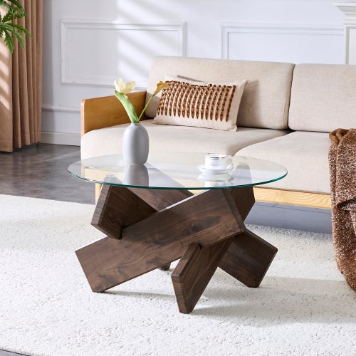 Table basse ronde marron, plateau en verre et structure en MDF, pour ...