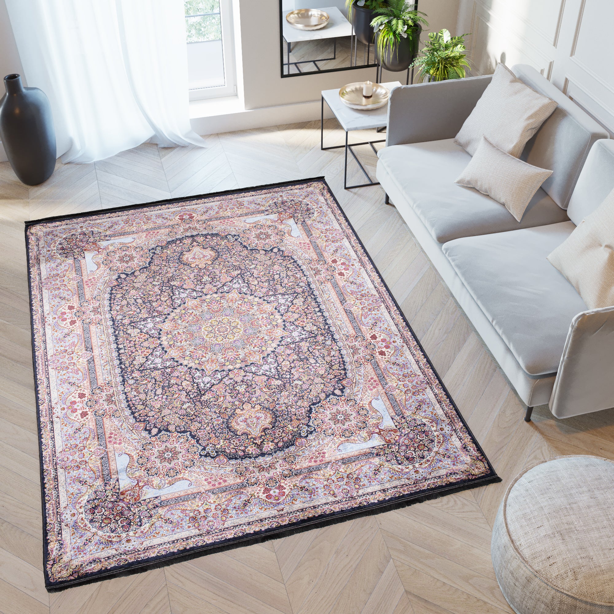 TAPISO Victoria Tapis de Salon Classique Bleu Marine Jaune Violet Rouge Rosette Bordure Imprimé ...