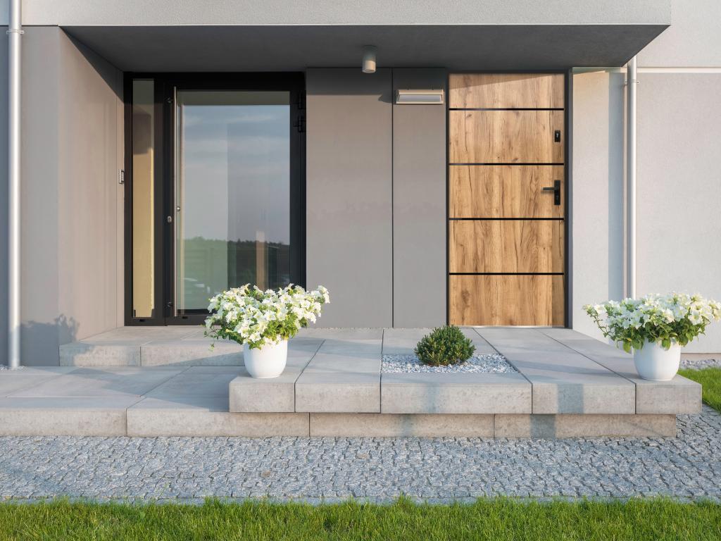 Porte d'entrée en acier pleine et inox H207 x L100 cm effet chêne ...