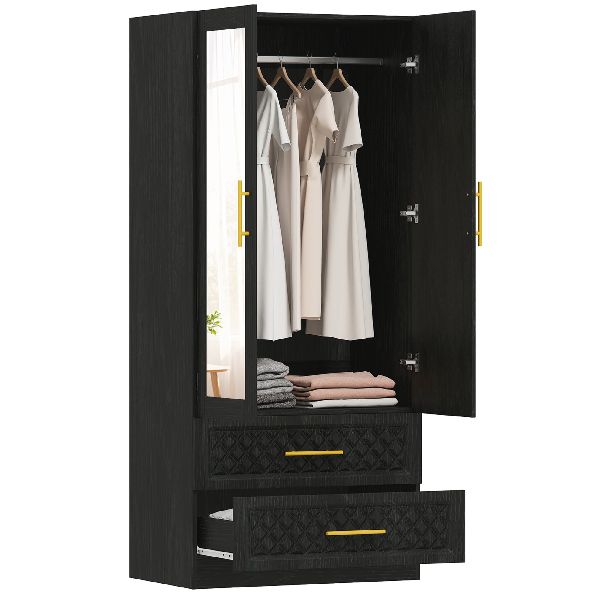 Armario Ropero con Espejo 2 Puertas y 2 Cajones Relieve de Diamante ...