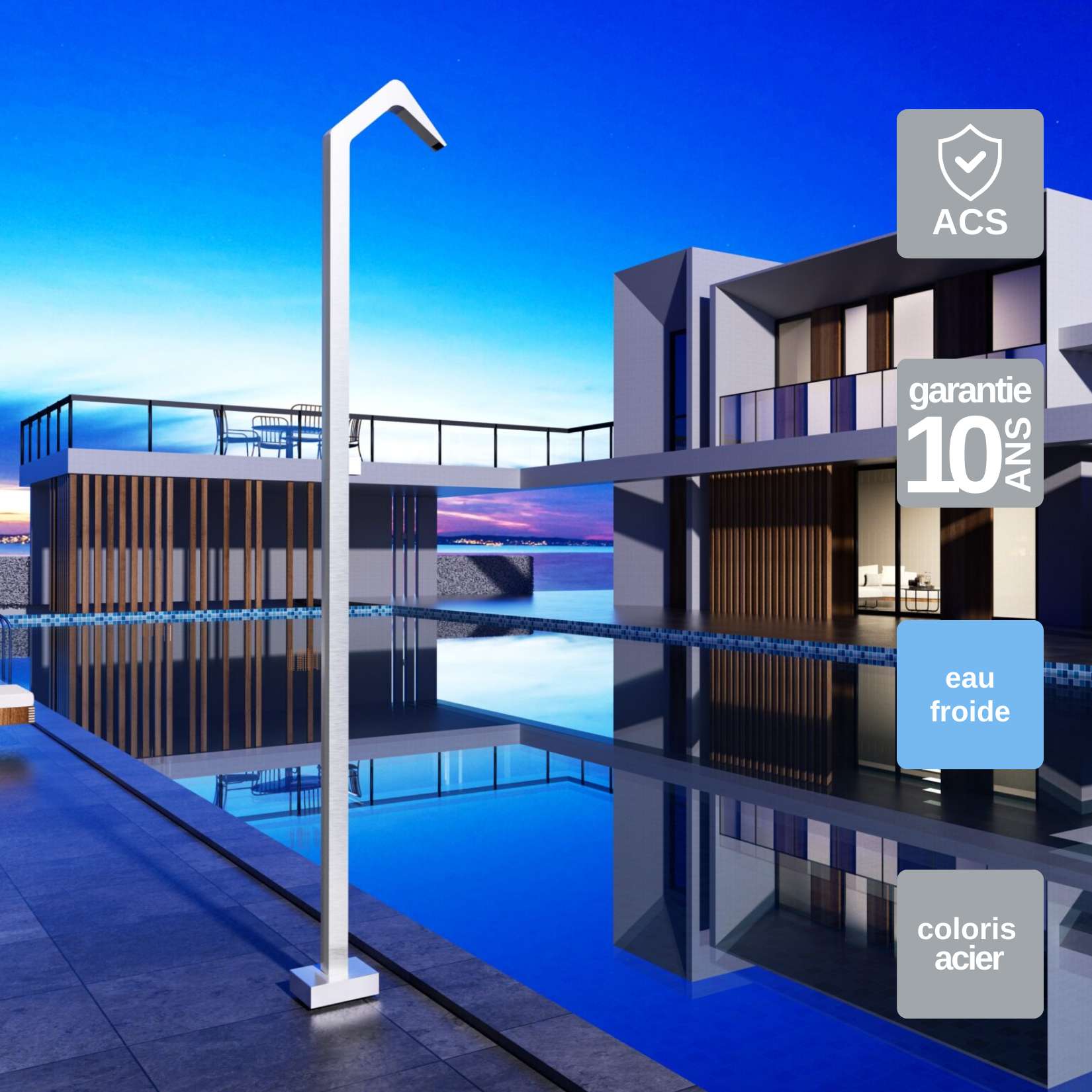 Douche de piscine Niagara en Acier Inox.S316 – Tête 60x45mm /Corps 60x45mm/H. 2,18m – Garantie ...