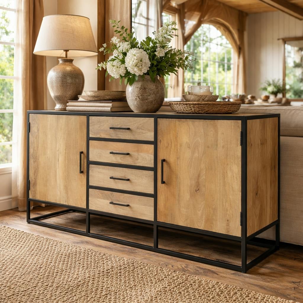 Buffet de salon en bois clair 2 portes 4 tiroirs RIVANO | Leroy Merlin