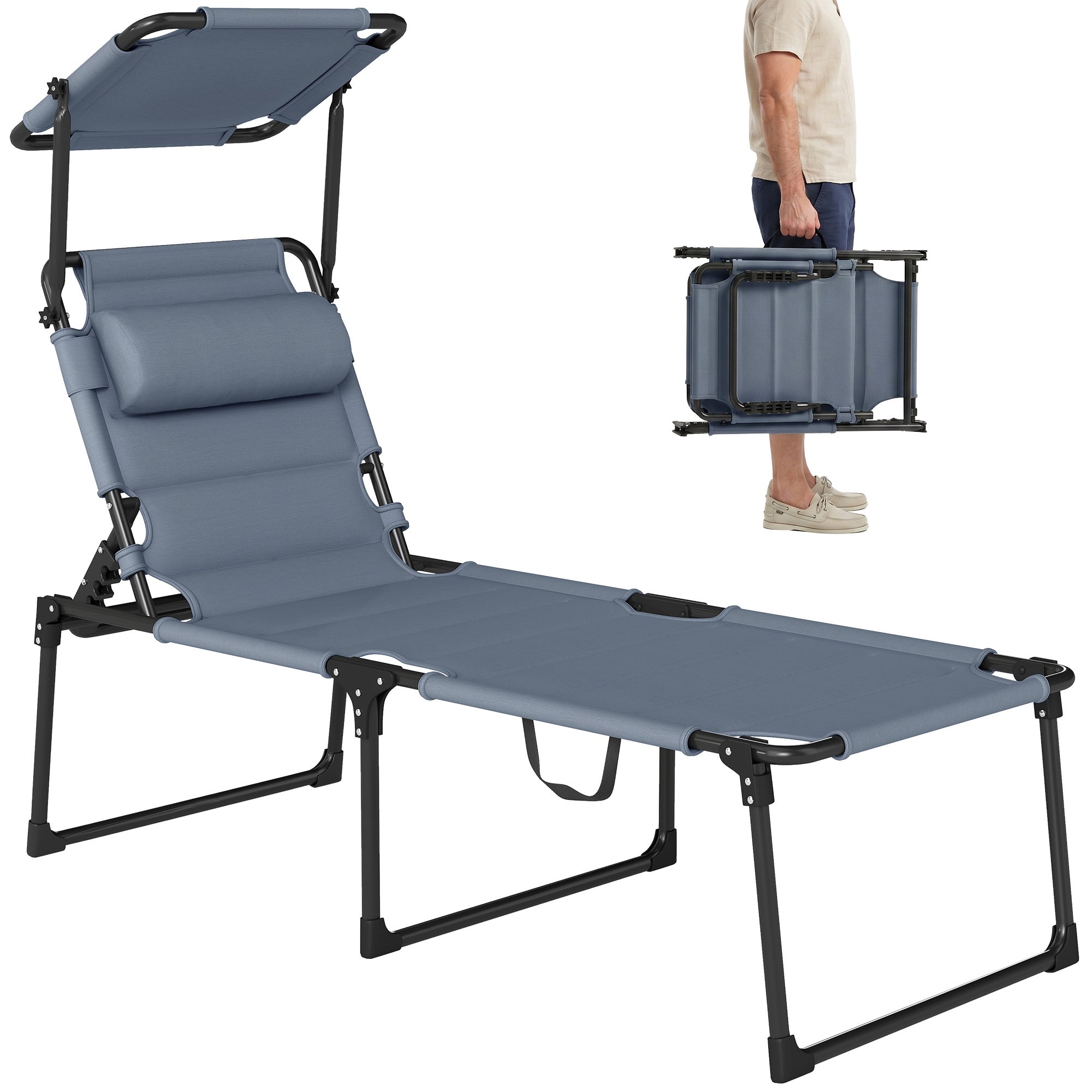 Transat pliant avec pare-soleil, appui-tête réglable en tissu Oxford ...
