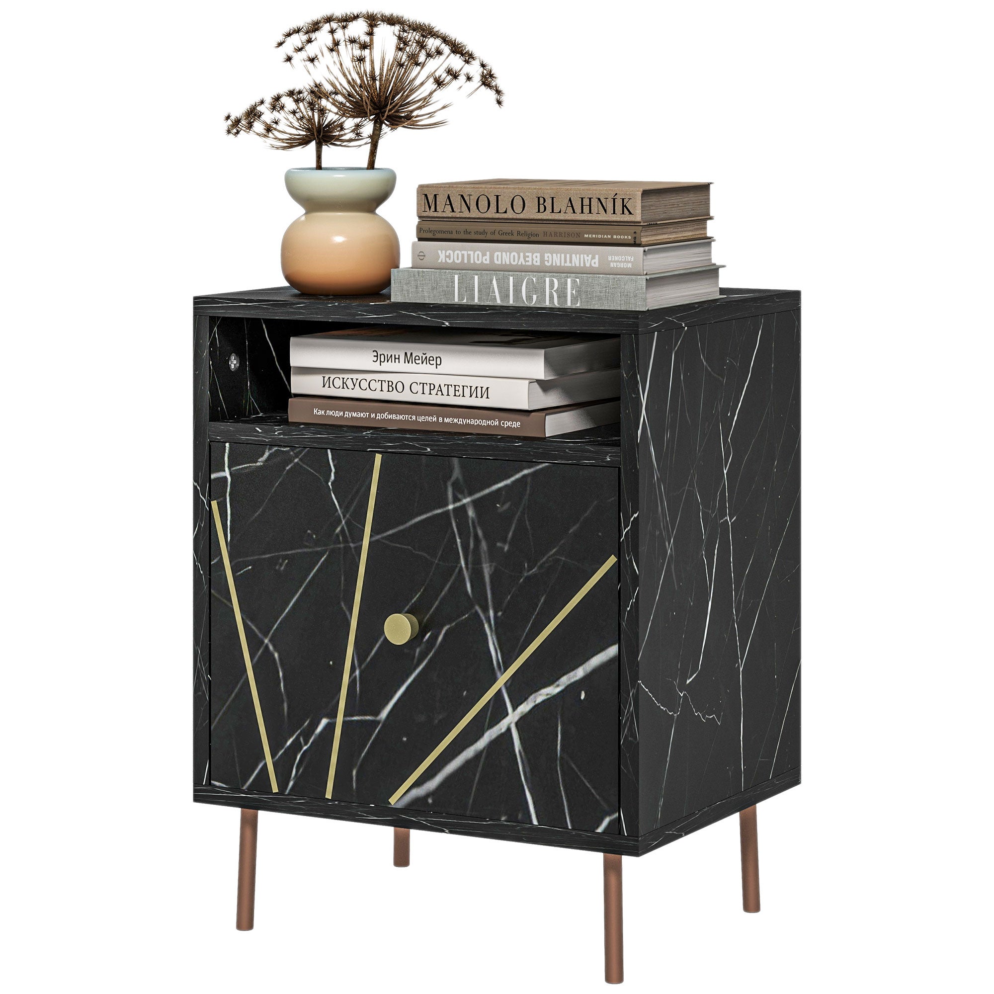 Chevet table de nuit design - tiroir, niche - doré aspect marbre noir ...