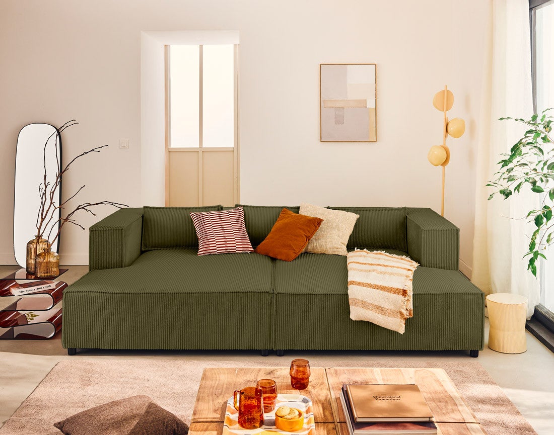 Canapé droit 3 places en velours côtelé vert - STELLA - Best Mobilier ...