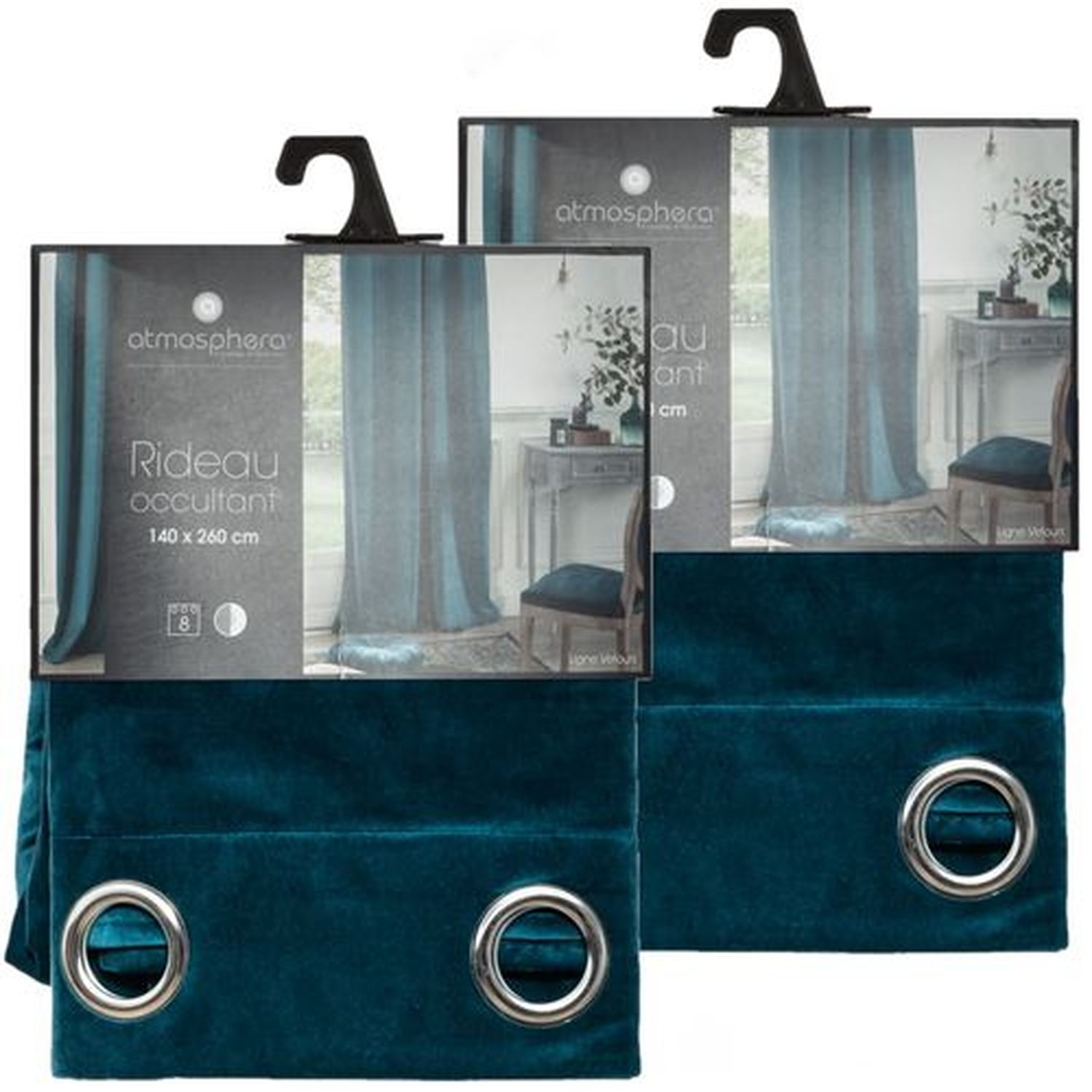 Lot de 2 Rideaux occultants en polyester effet velours - Bleu canard ...