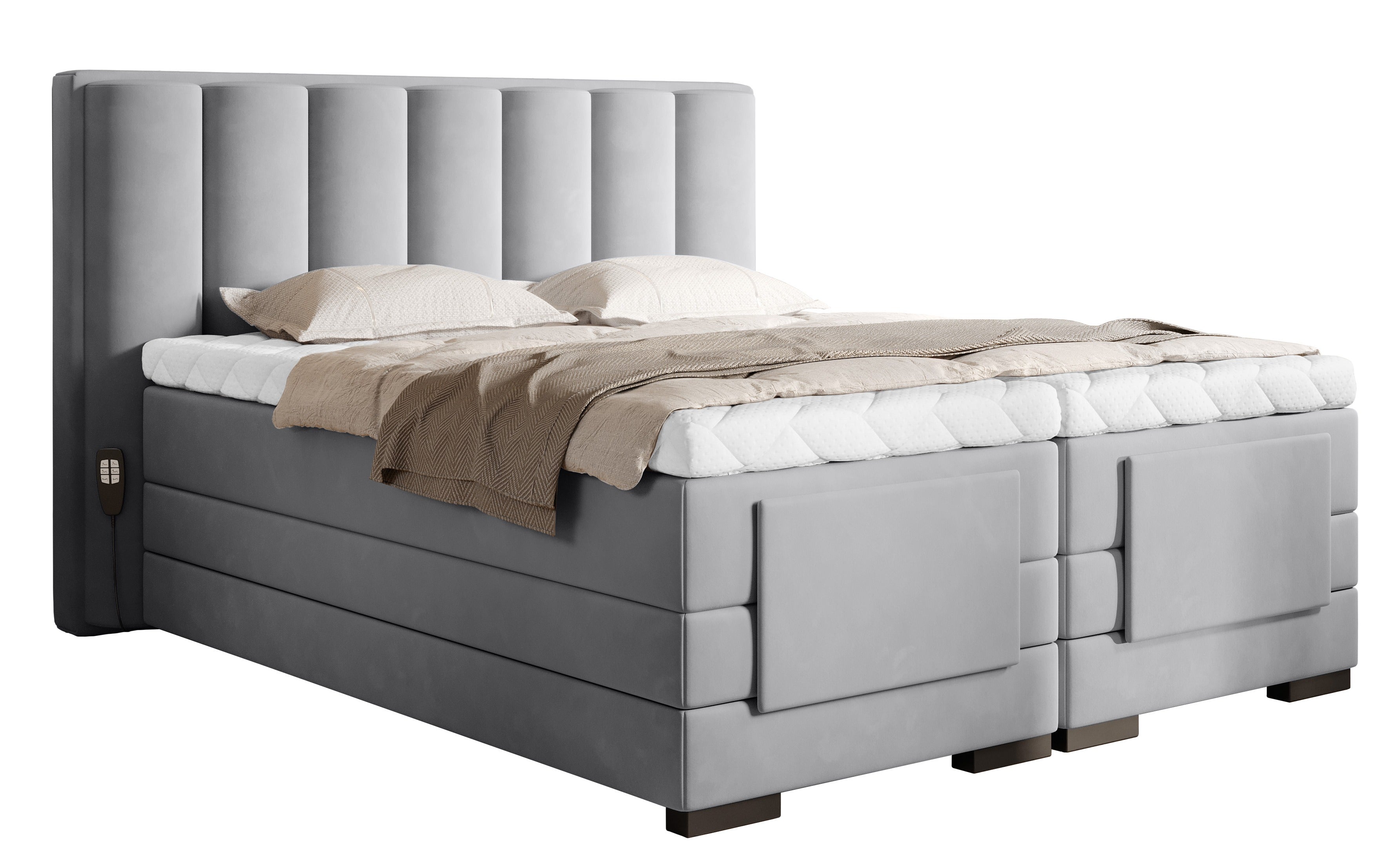 Lit boxspring électrique velours gris souris avec matelas et surmatelas ...
