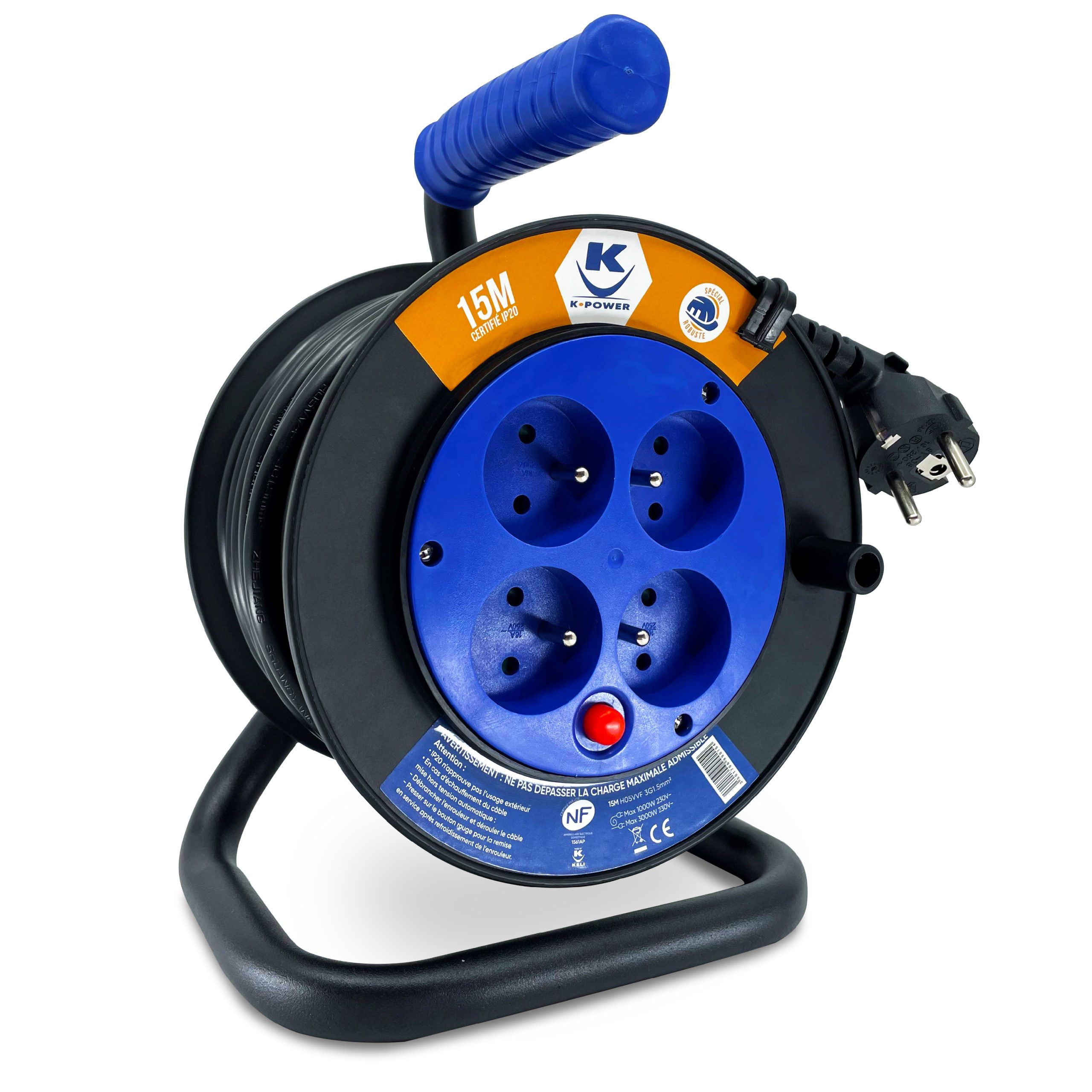 Enrouleur 15M Pro 3G1.5 IP20 avec 4 Prises à Clapet pour Usage Intérieur | Leroy Merlin