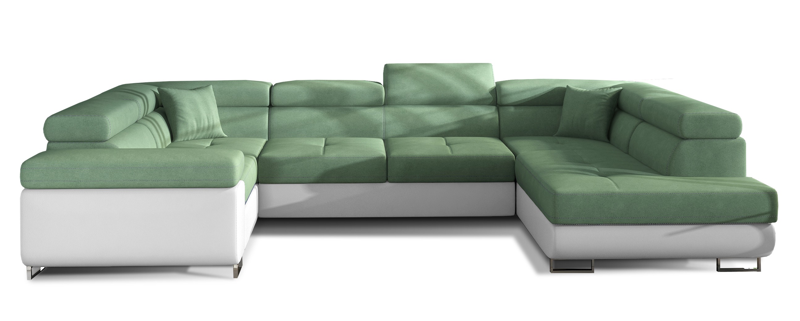 Canapé convertible U droit tissu vert et simili blanc avec coffre de ...