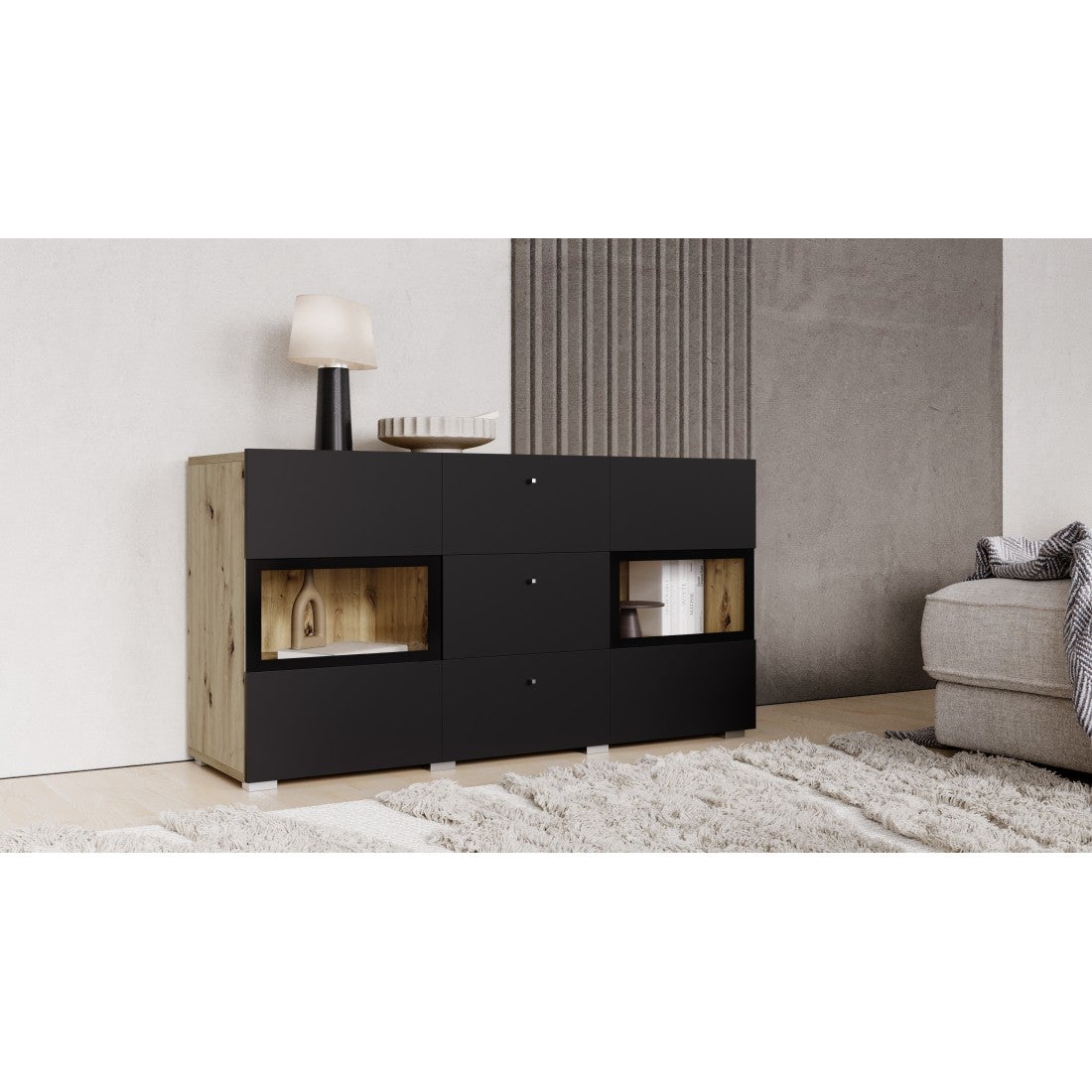 Buffet RAMOS 130 cm – Roble y negro super mate – 2 puertas con vidrio y ...