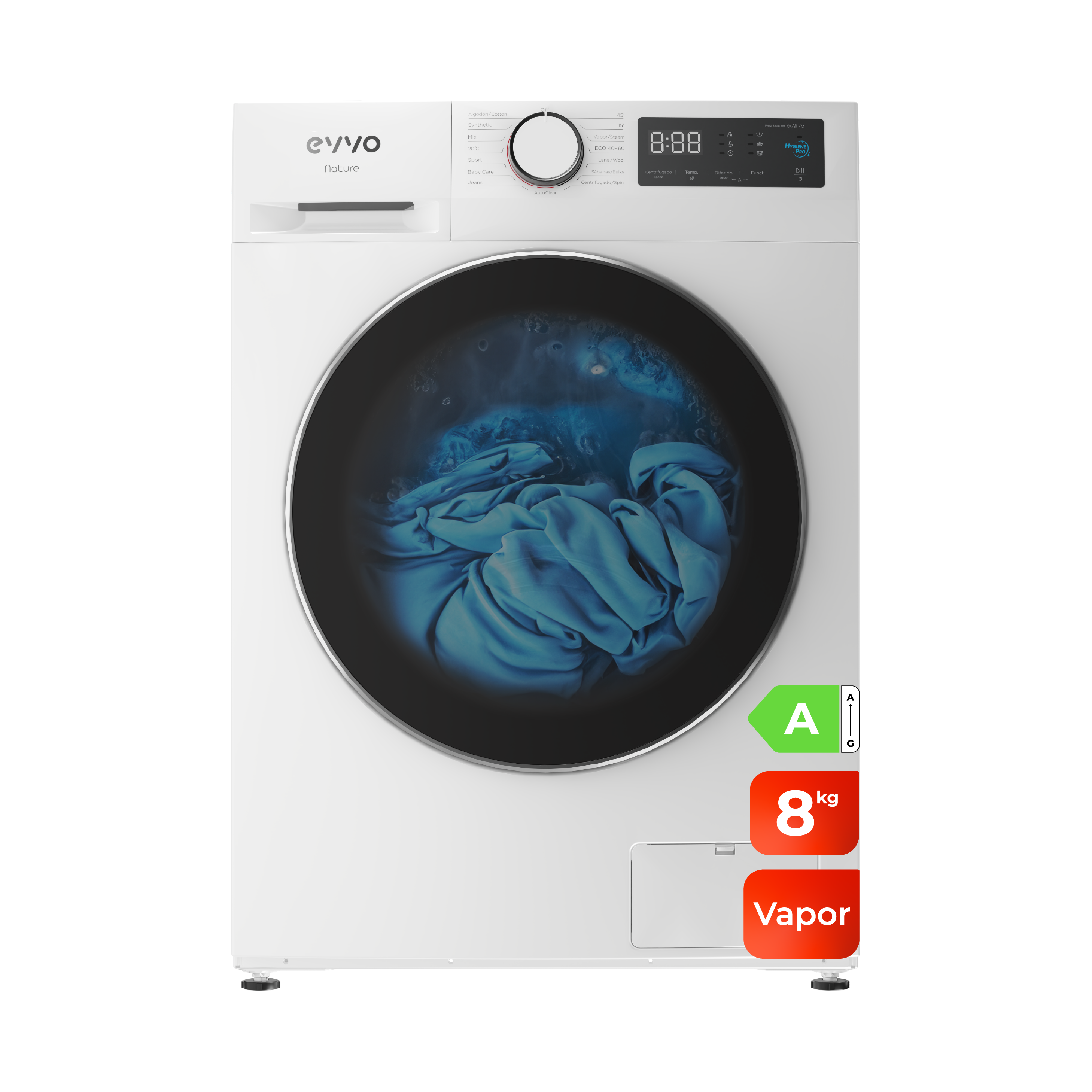 EVVO Lavadora 8 kg carga frontal Nature 8, 1350 rpm, Clase energética A ...