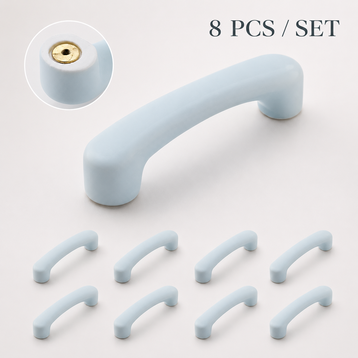 Lot de 8 poignées en céramique bleu pâle mat, entraxe 96 mm, bords ...
