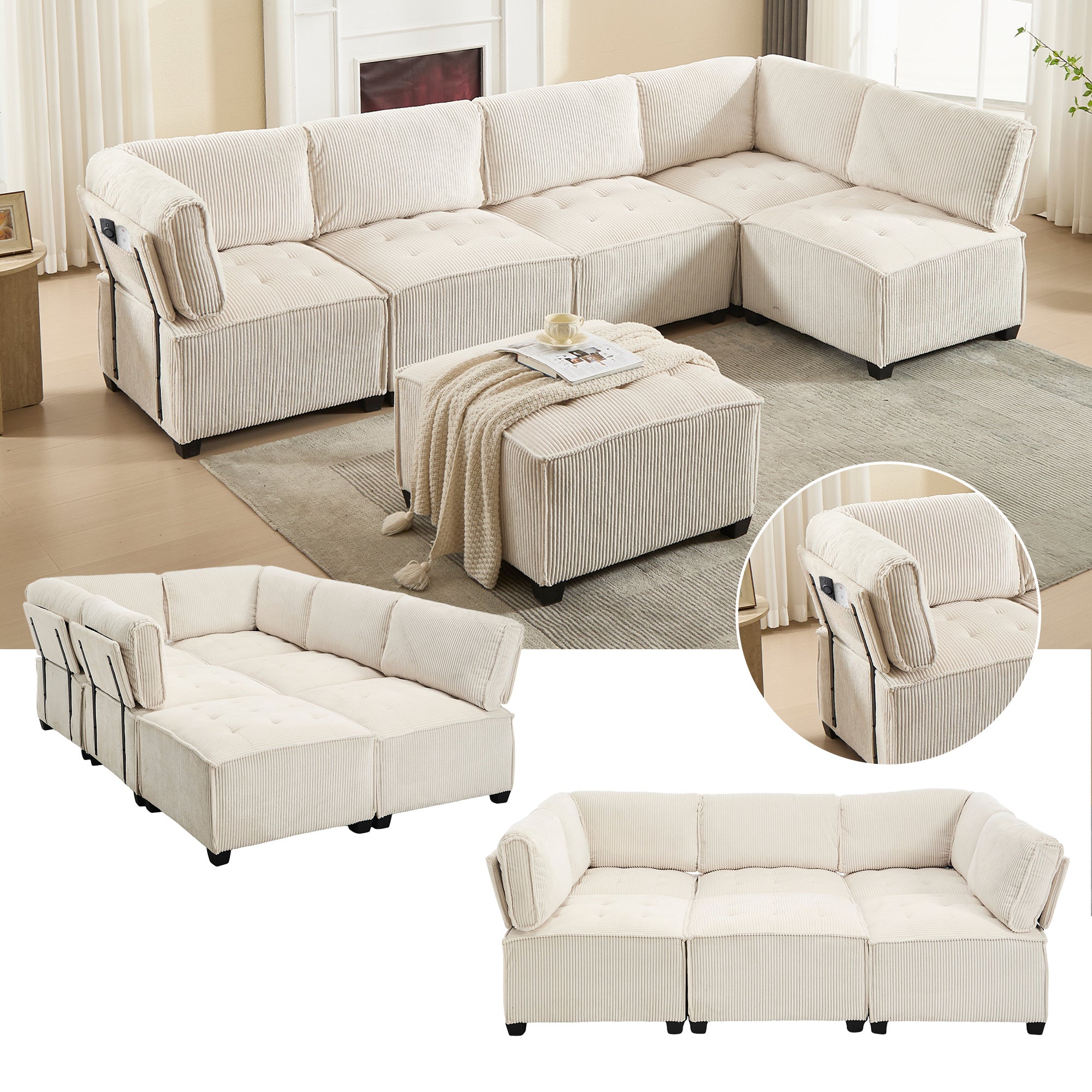Sofá esquinero modular de 6 plazas de pana - 308 x 154 x 82 cm ...