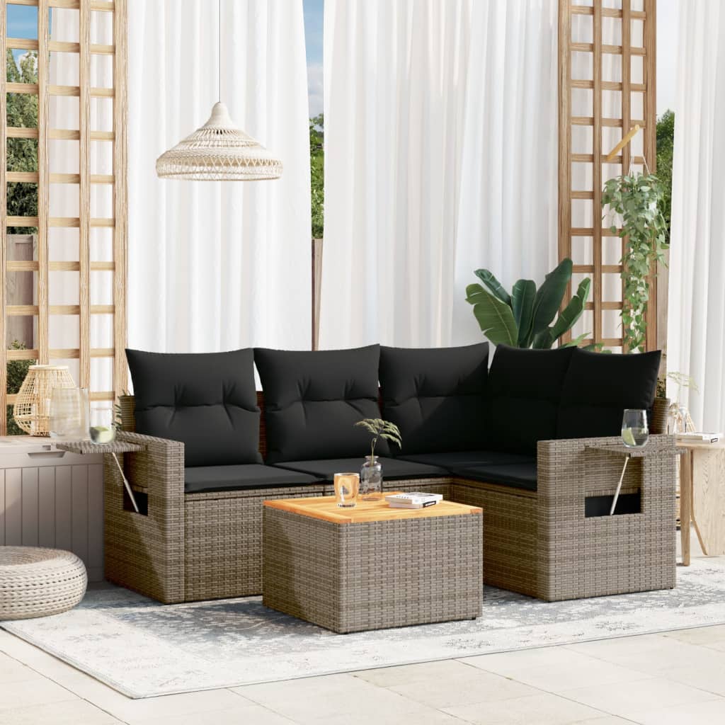 Conjunto de Jardín 5 Piezas Ratán Sintético Gris con Cojines ...