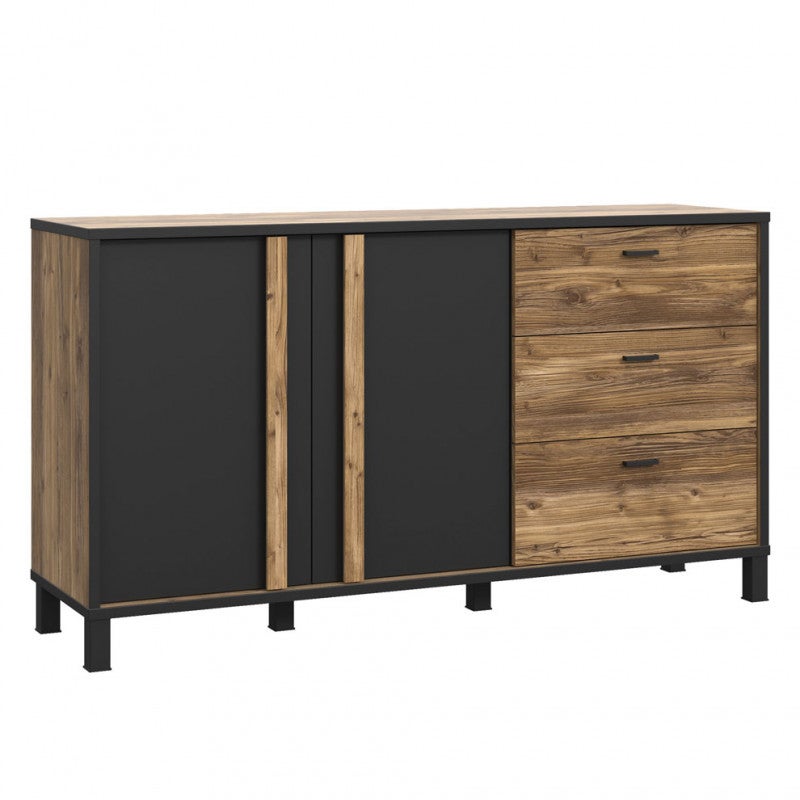 Buffet 155 cm 2 portes 3 tiroirs décor bois noir pieds noir - CELIA ...