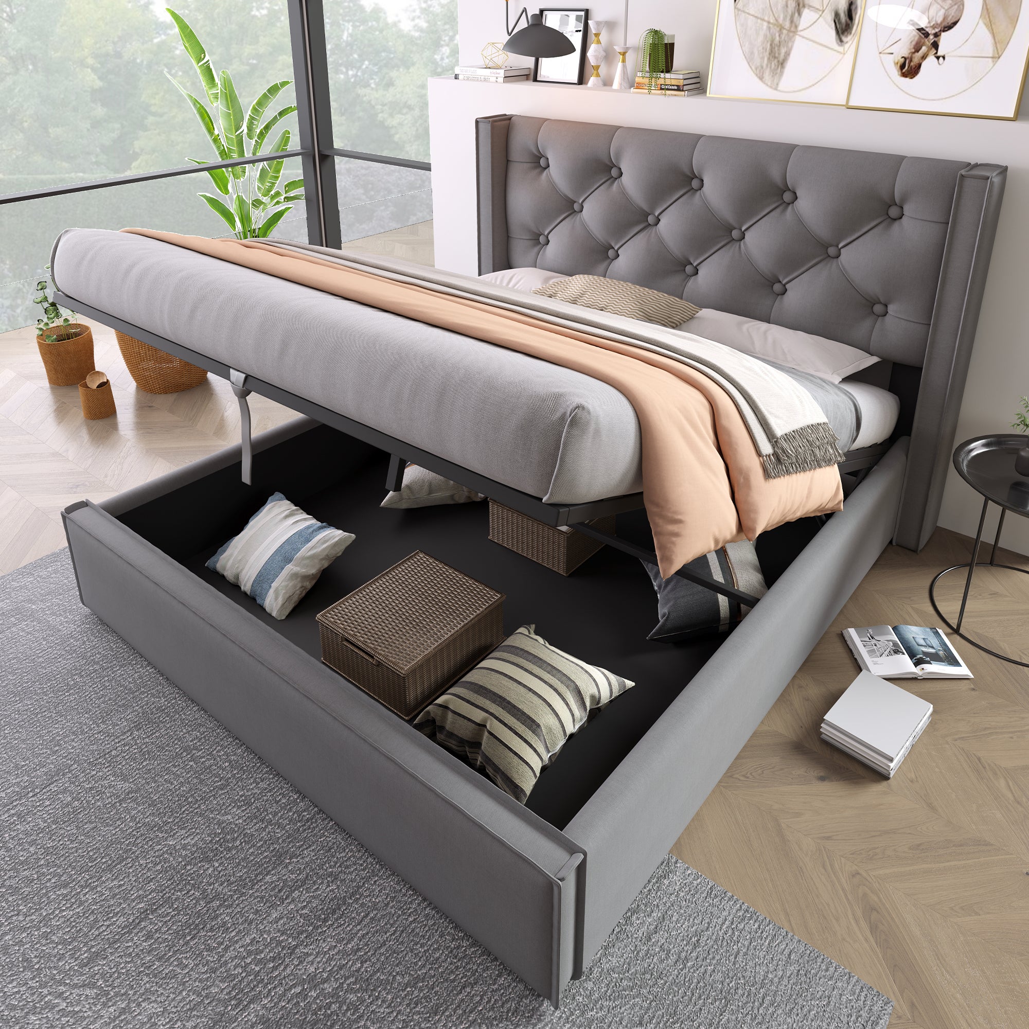 Lit 160x200 avec sommier métallique - Tête de lit rembourrée - Grand ...