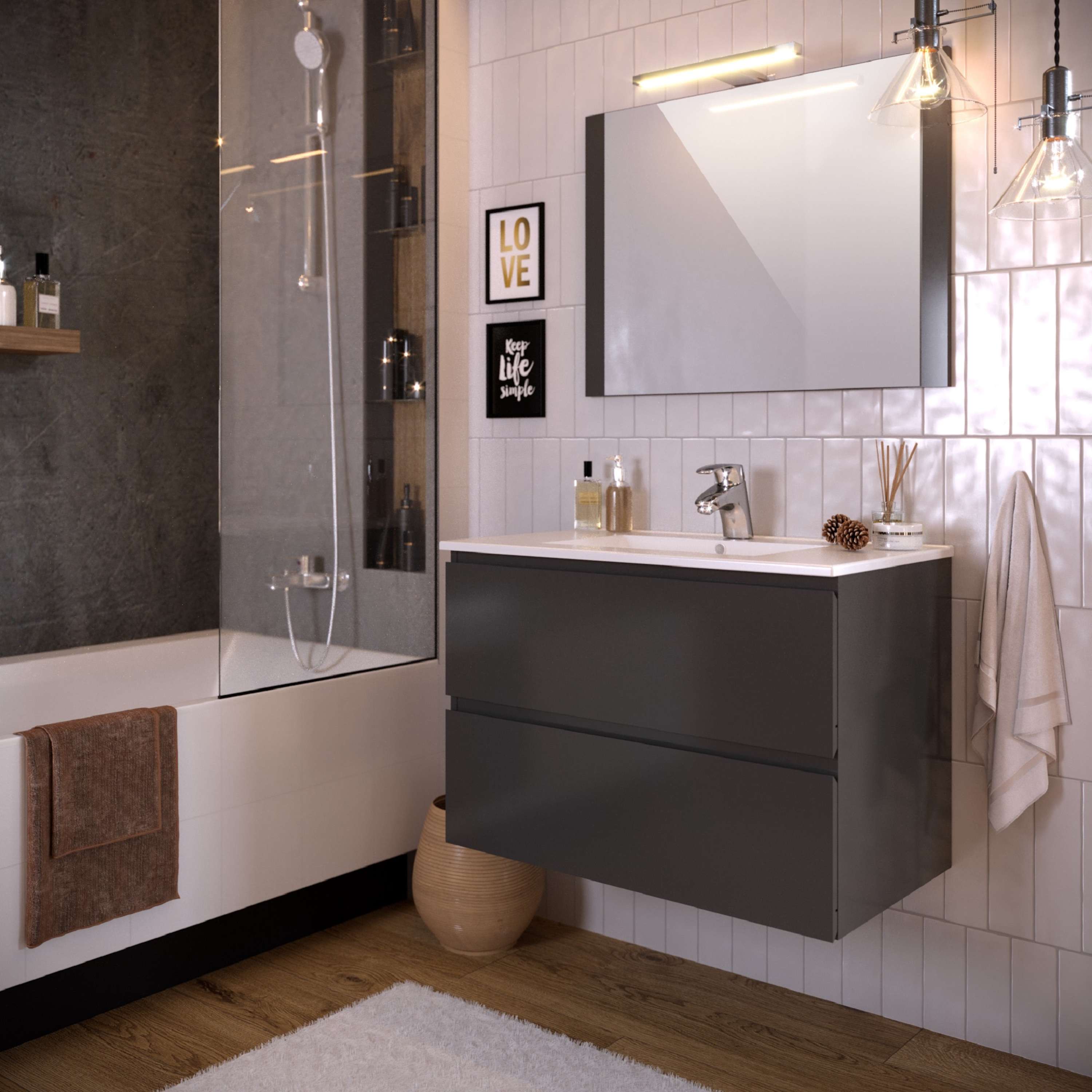 Mueble de baño 80 cm NELI 2 cajones gris negruzco T-BATH Incluye lavabo ...