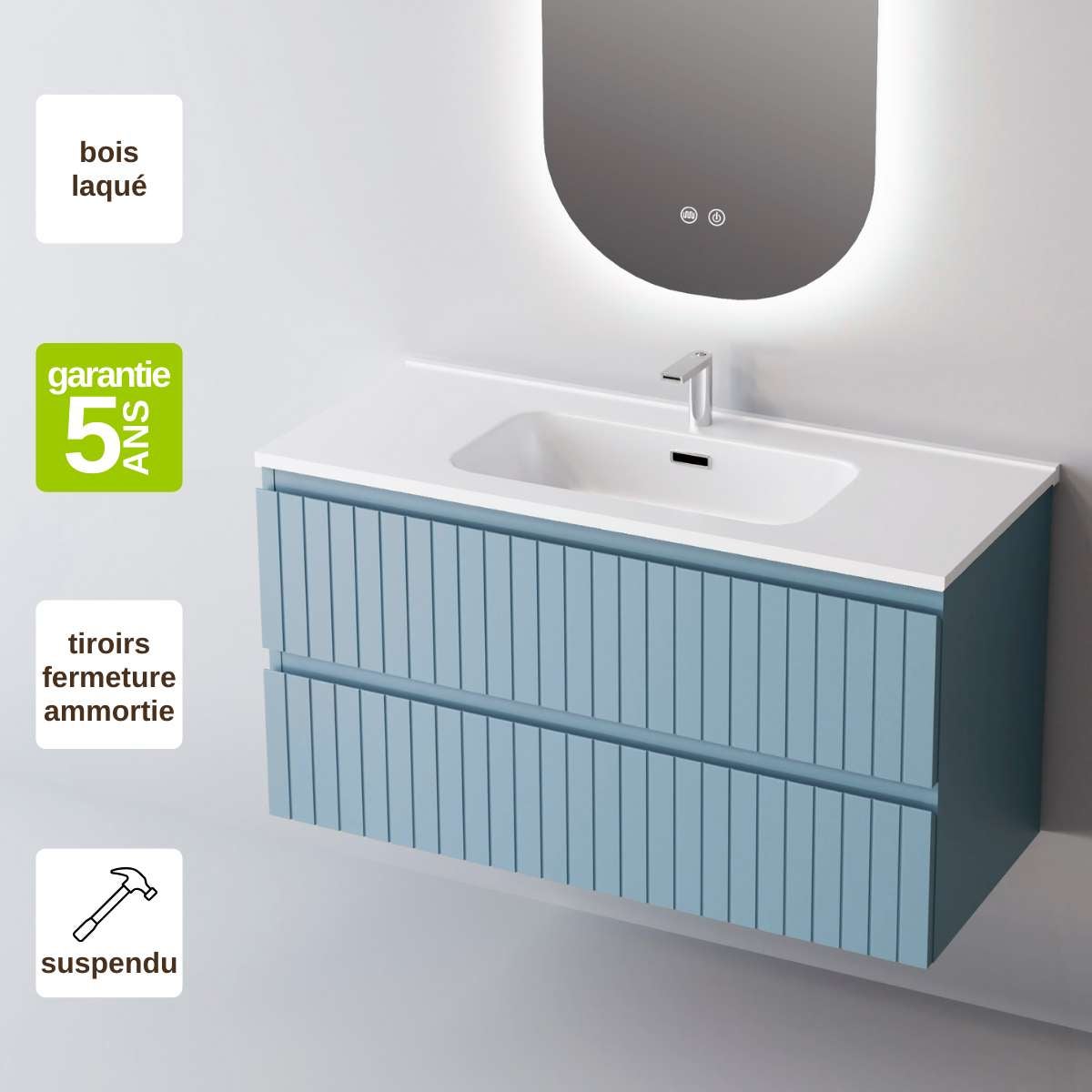 Meuble Salle de Bain GLOW 61cm - Plan Vasque Céramique, 2 Tiroirs ...