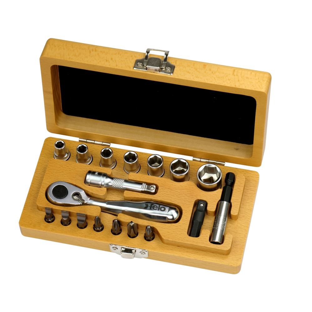 Cassetta per utensili da 1/4 in legno XS-Classic con miniratsche, bit e ...