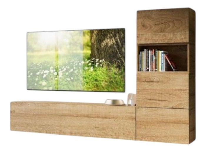 Meuble TV modulable suspendu bois naturel Bela L 234cm - 5 pièces ...
