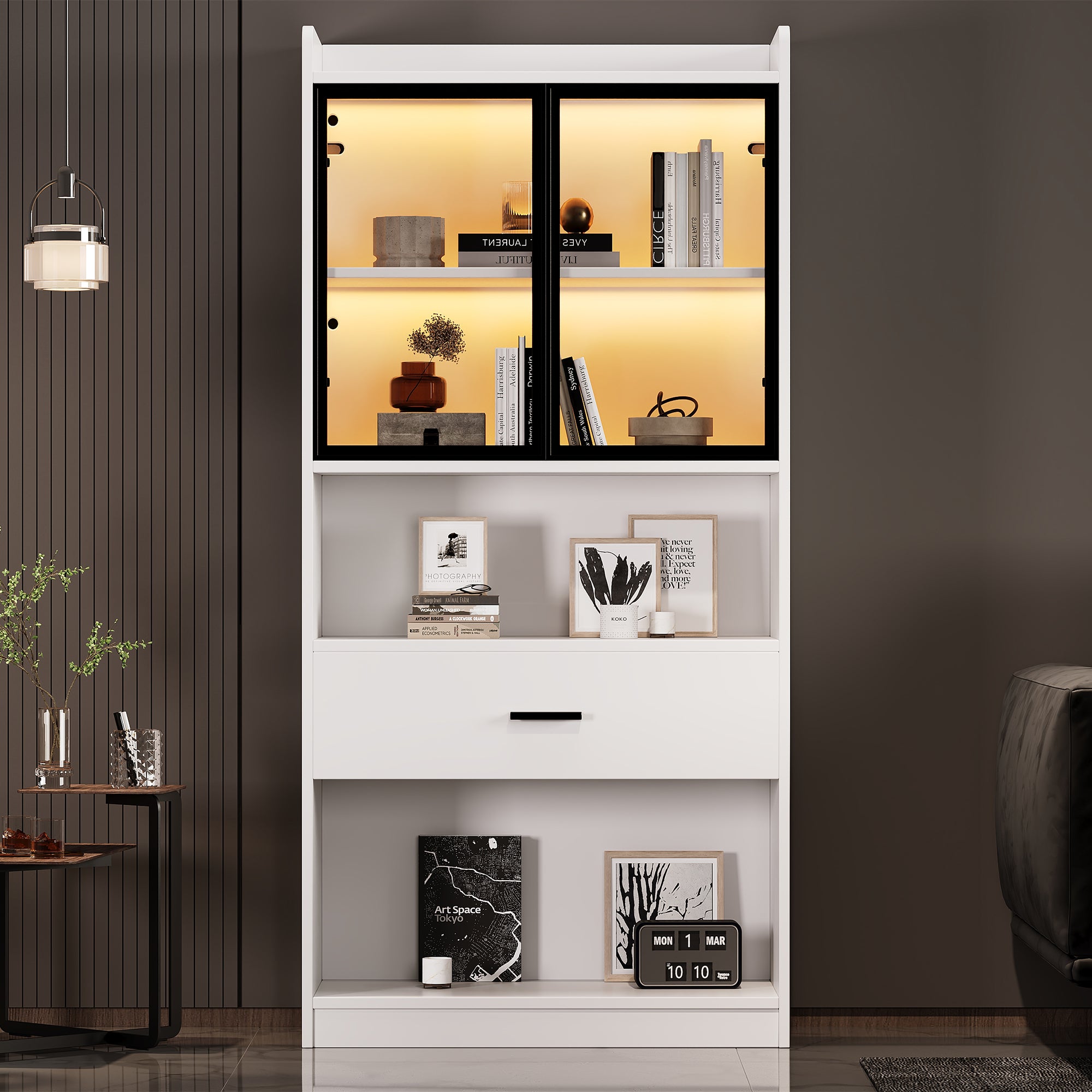 Vitrina 32 x 80 x 153,5 cm con LED - 2 puertas acristaladas y 1 cajón ...