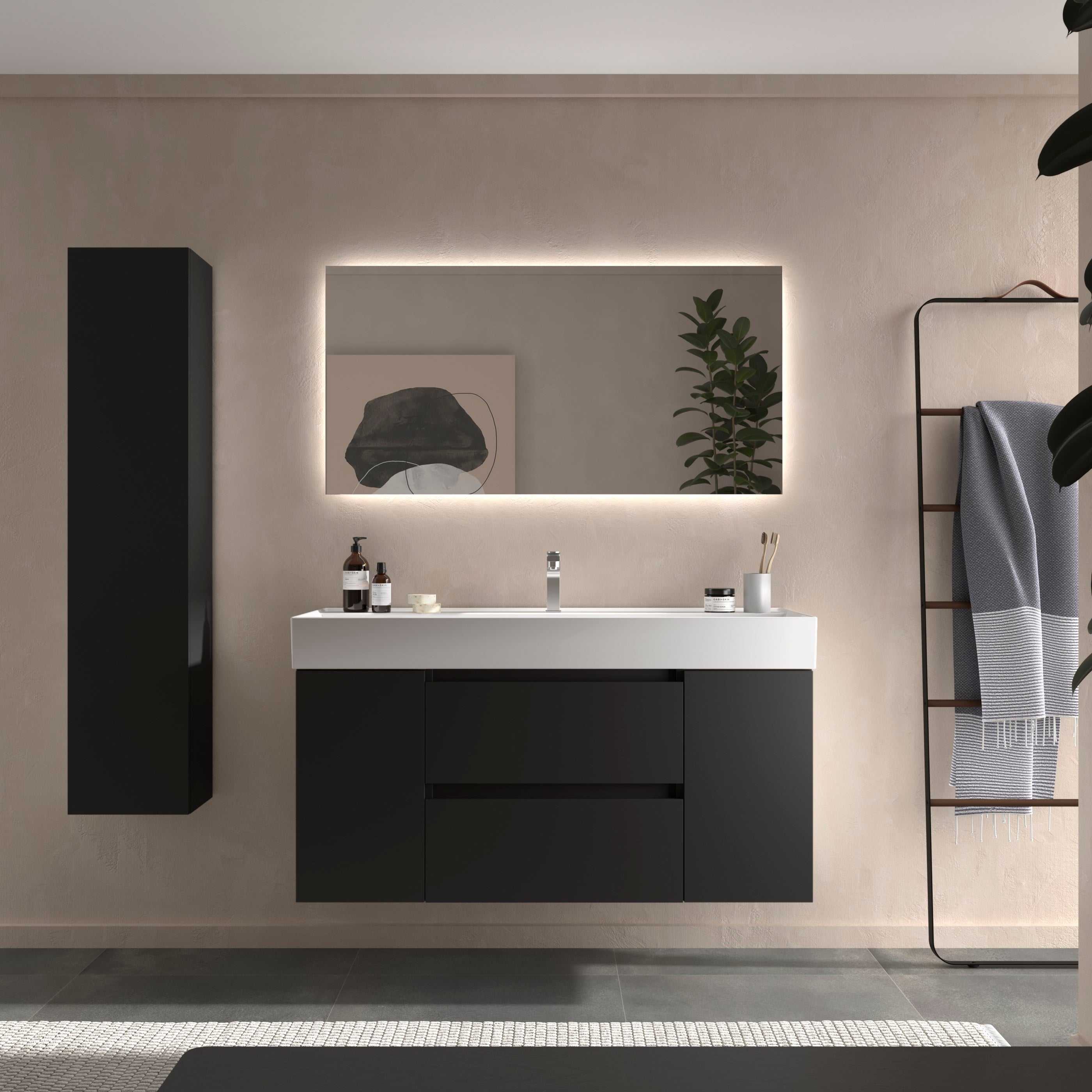 Mueble de Baño BEQUIA Plus 120cm Negro mate | Lavabo Porcelana centrado ...