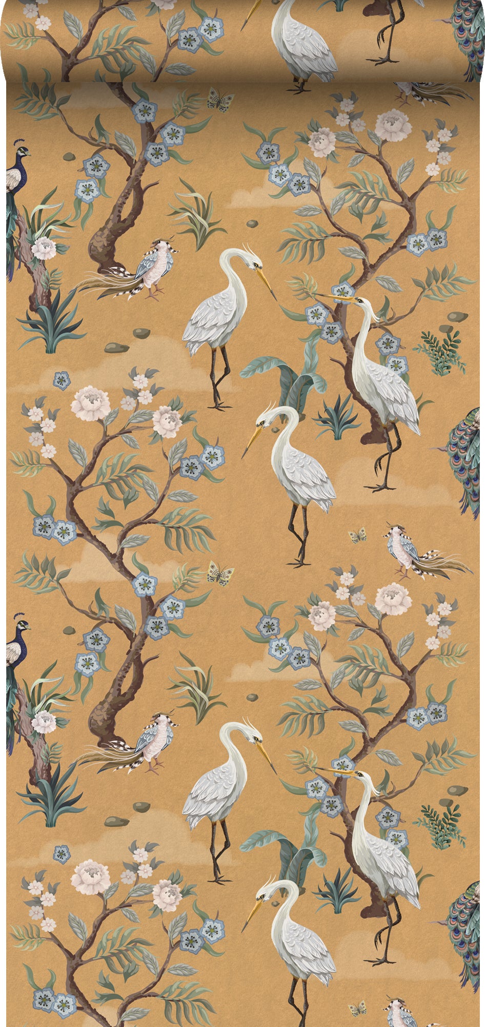 Papier Peint intissé oiseaux de grue jaune ocre - 50 x 900 cm ...