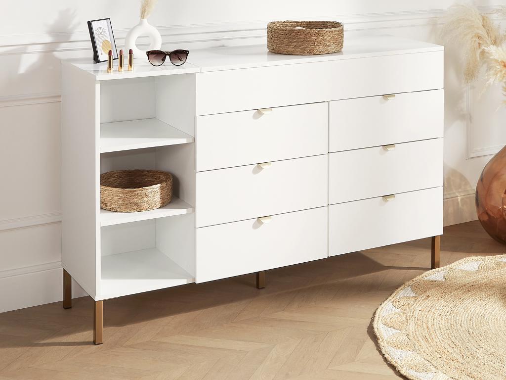 Commode 6 tiroirs, 3 niches et 1 coffre - Avec miroir - Blanc et doré ...
