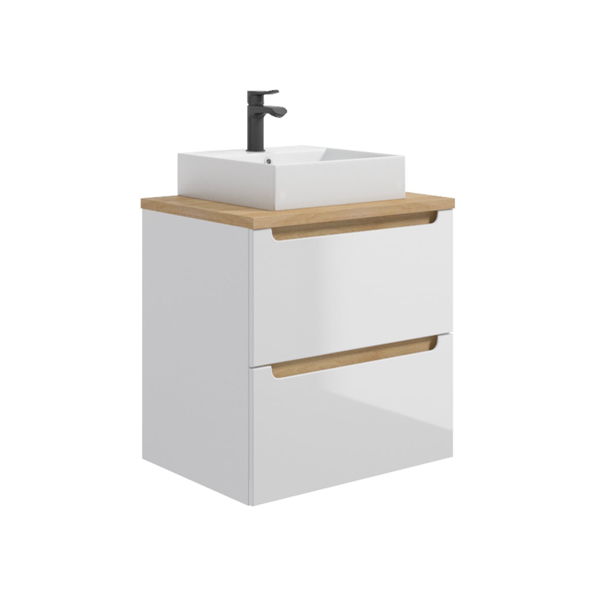 Meuble simple vasque 60cm 2 tiroirs Livia Blanc et Bois | Leroy Merlin