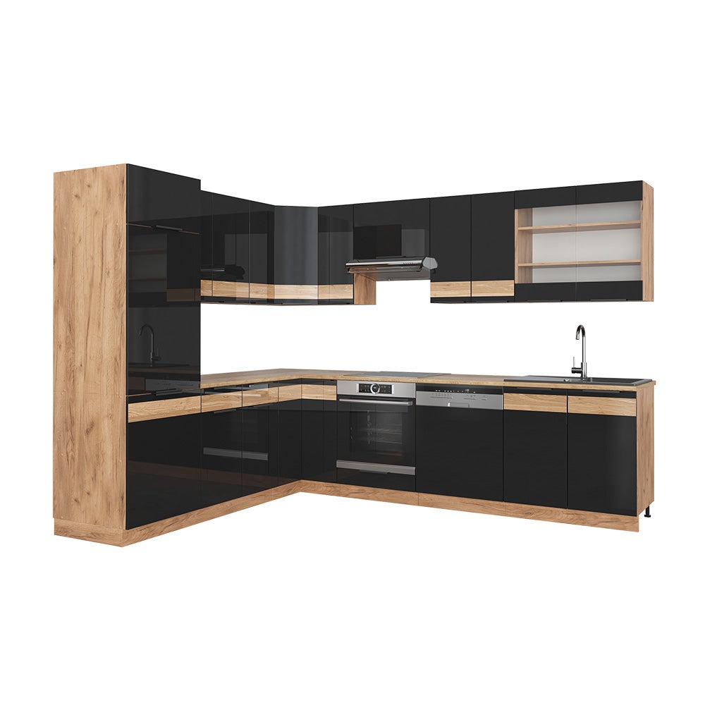 Vicco Cucina angolare completa Fame-Line, Rovere nero lucido/oro power oak, 227 x 287 cm , PL ...