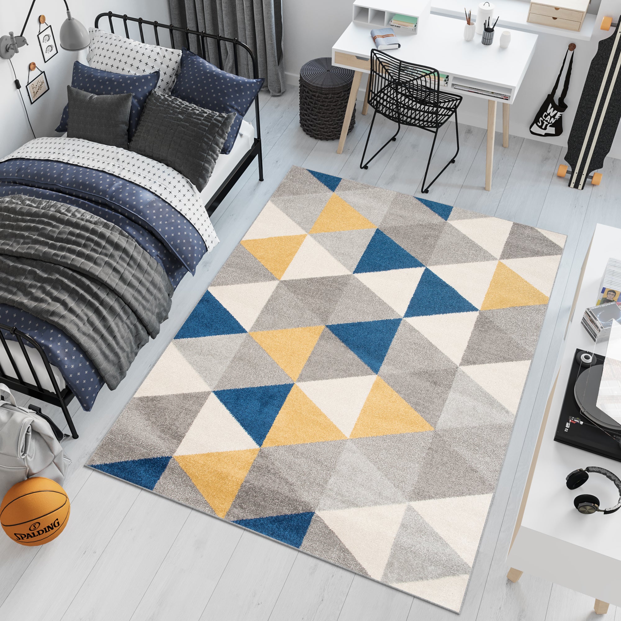 TAPISO Lazur Tapis Salon Moderne Gris Crème Jaune Bleu Triangles ...
