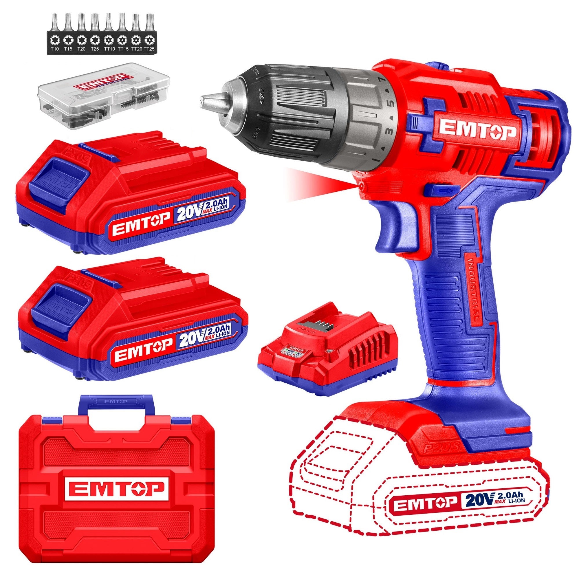 Perceuse Visseuse Sans Fil EMTOP 20V, avec 1 chargeur + 2 Batteries Lithium-ion 2.0Ah 45Nm ...