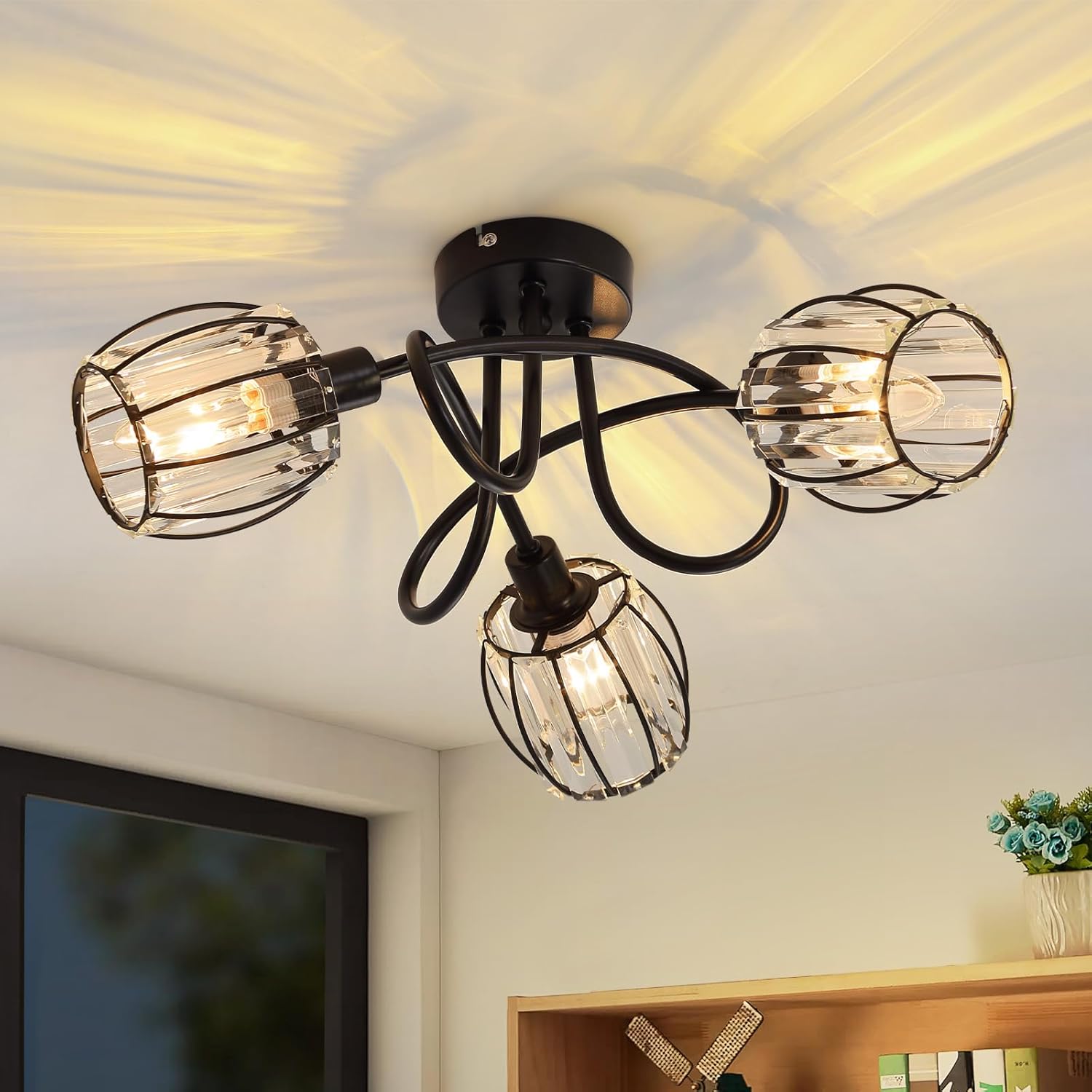 ZMH Spot de plafond 3 flammes rétro E14 plafonnier cristal abat-jour ...