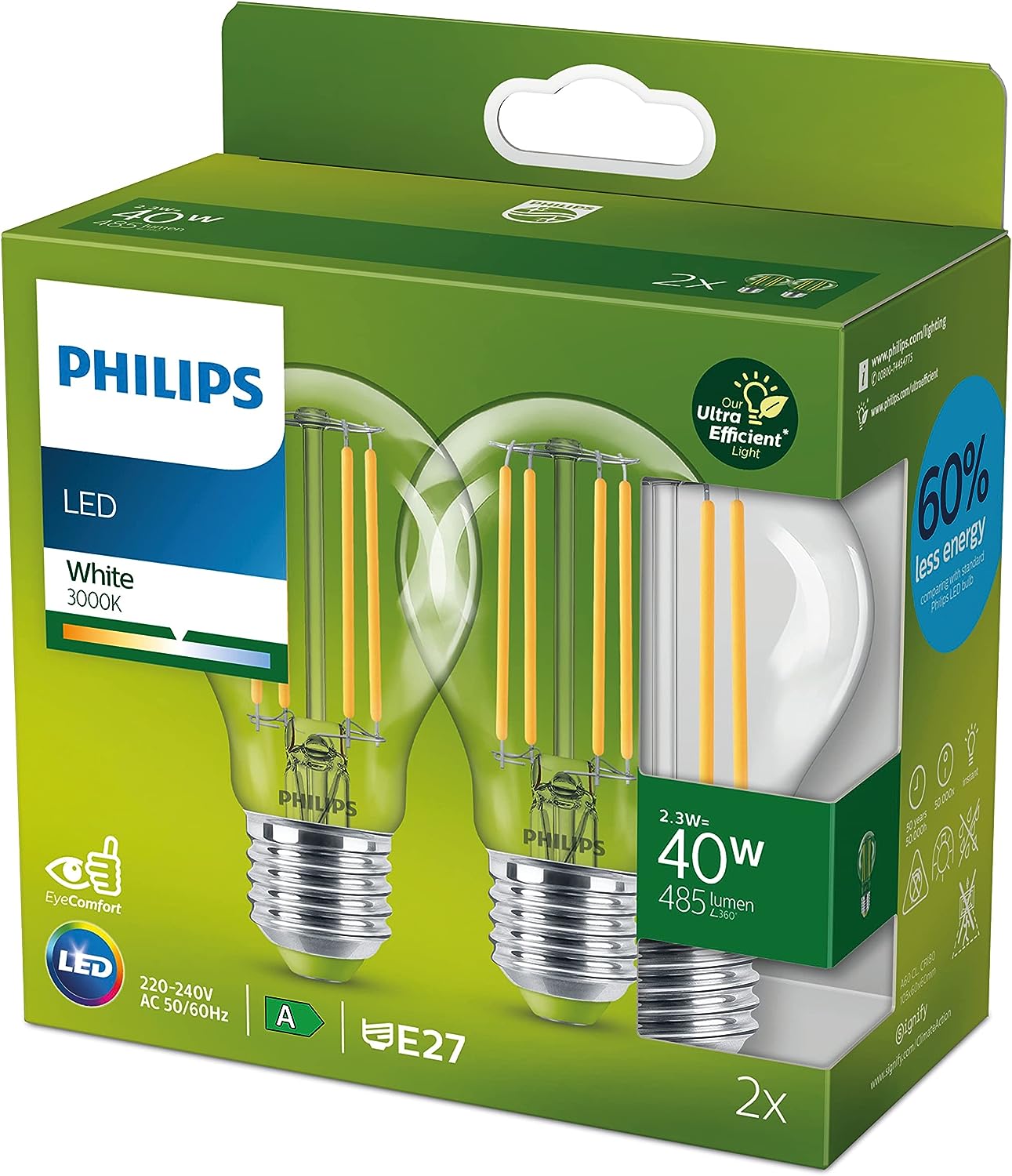 Philips Lot de 2 ampoules LED ultra efficaces Classe énergétique A [Blanc 3000 K – Culot à vis ...