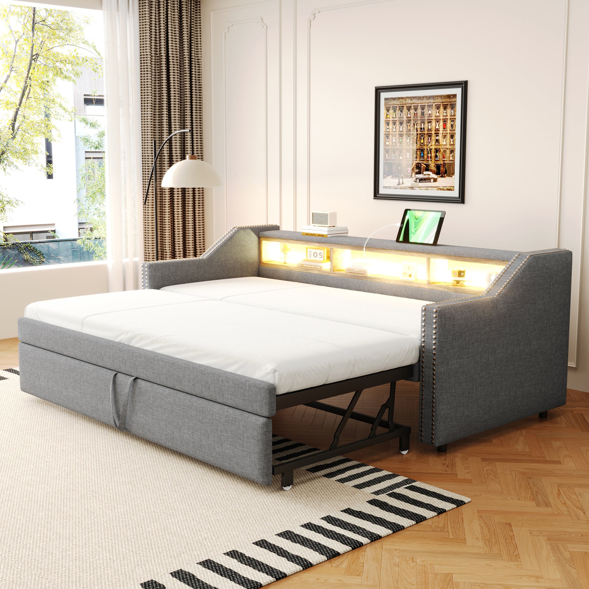 Lit banquette gigogne 90/180x190cm en lin - avec LED & USB - avec ...