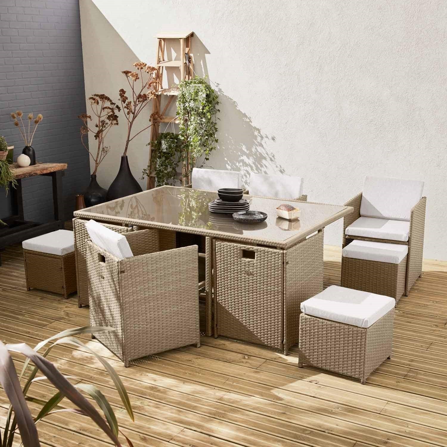 Mesa de jardín encastrable resina con 10 sillones + cobertor Beige ...