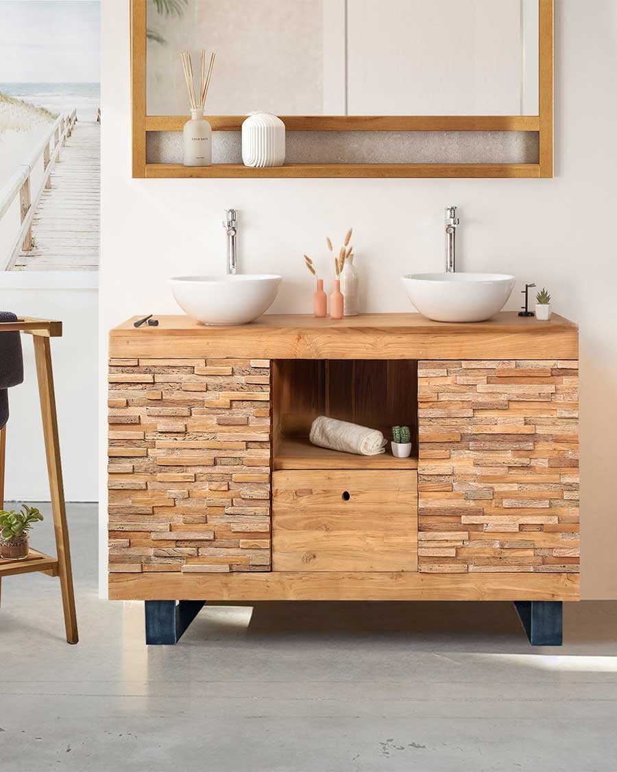 Néo - Meuble salle de bain en teck parqueté 140 cm | Leroy Merlin
