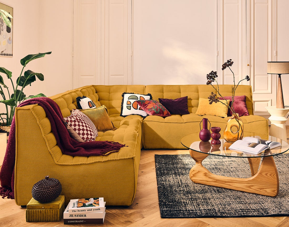 Canapé modulable 5 places angle réversible en velours texturé jaune ...