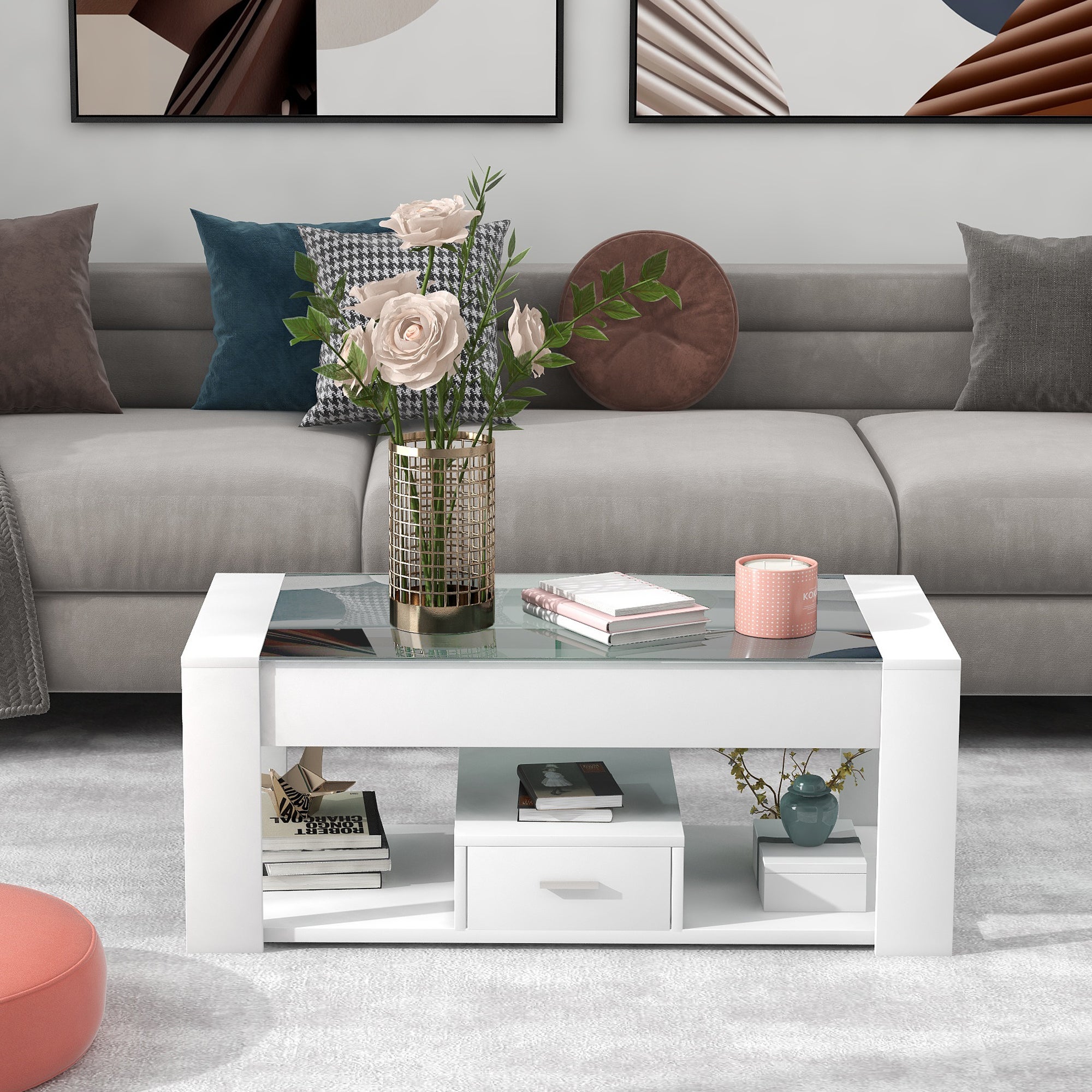 Table basse salon avec plateau en verre, rangement et tiroirs, blanc ...