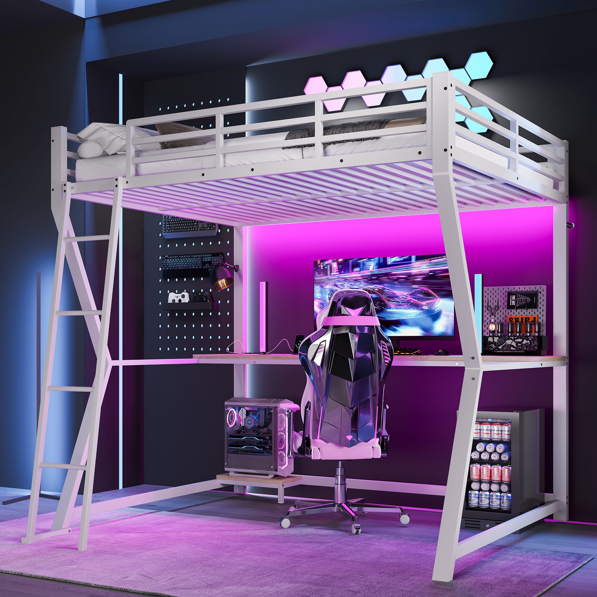 Lit mezzanine 140x200 cm, LED, bureau informatique, prise USB, escalier ...