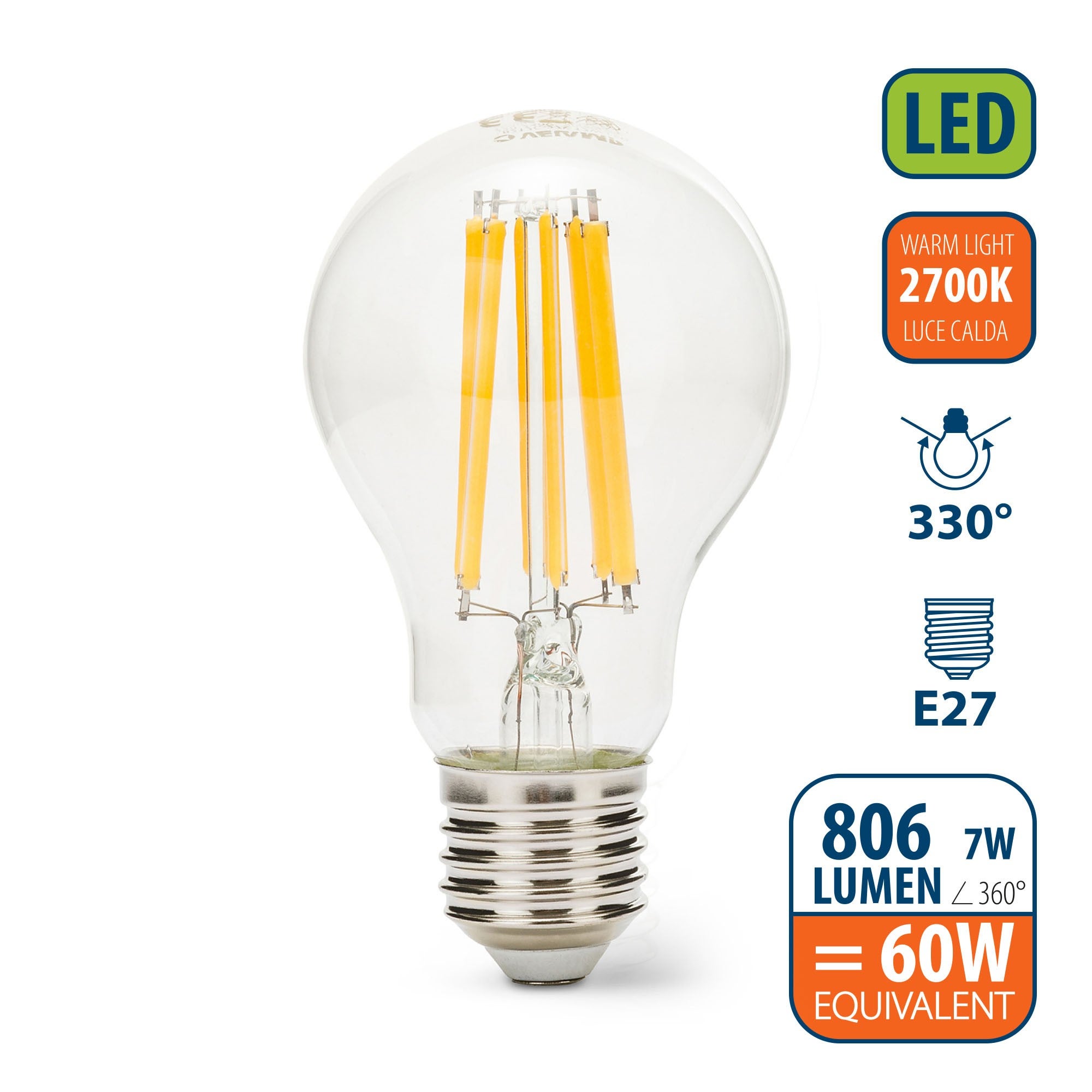 Ampoule à filament LED, standard A60, 7W / 806lm, culot E27, 2700K ...