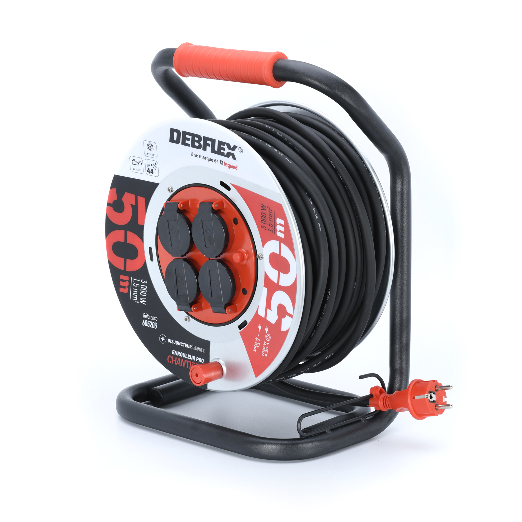 DEBFLEX - ENROULEUR METAL HO7RN-F 3G1,5 4 PRISES ETANCHES IP44 50M ...