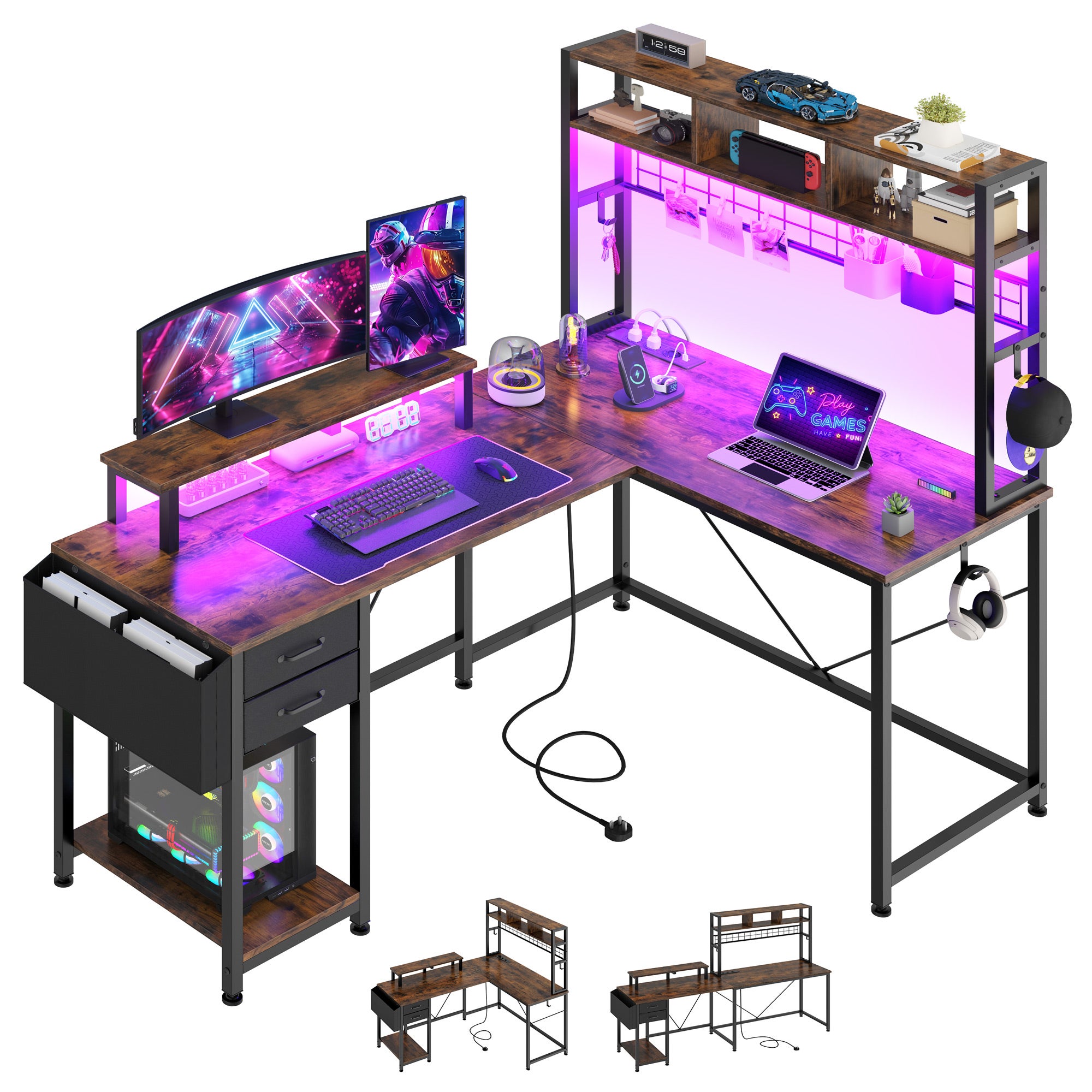 Table de jeu Balconera en forme de L avec prise électrique et lumières ...