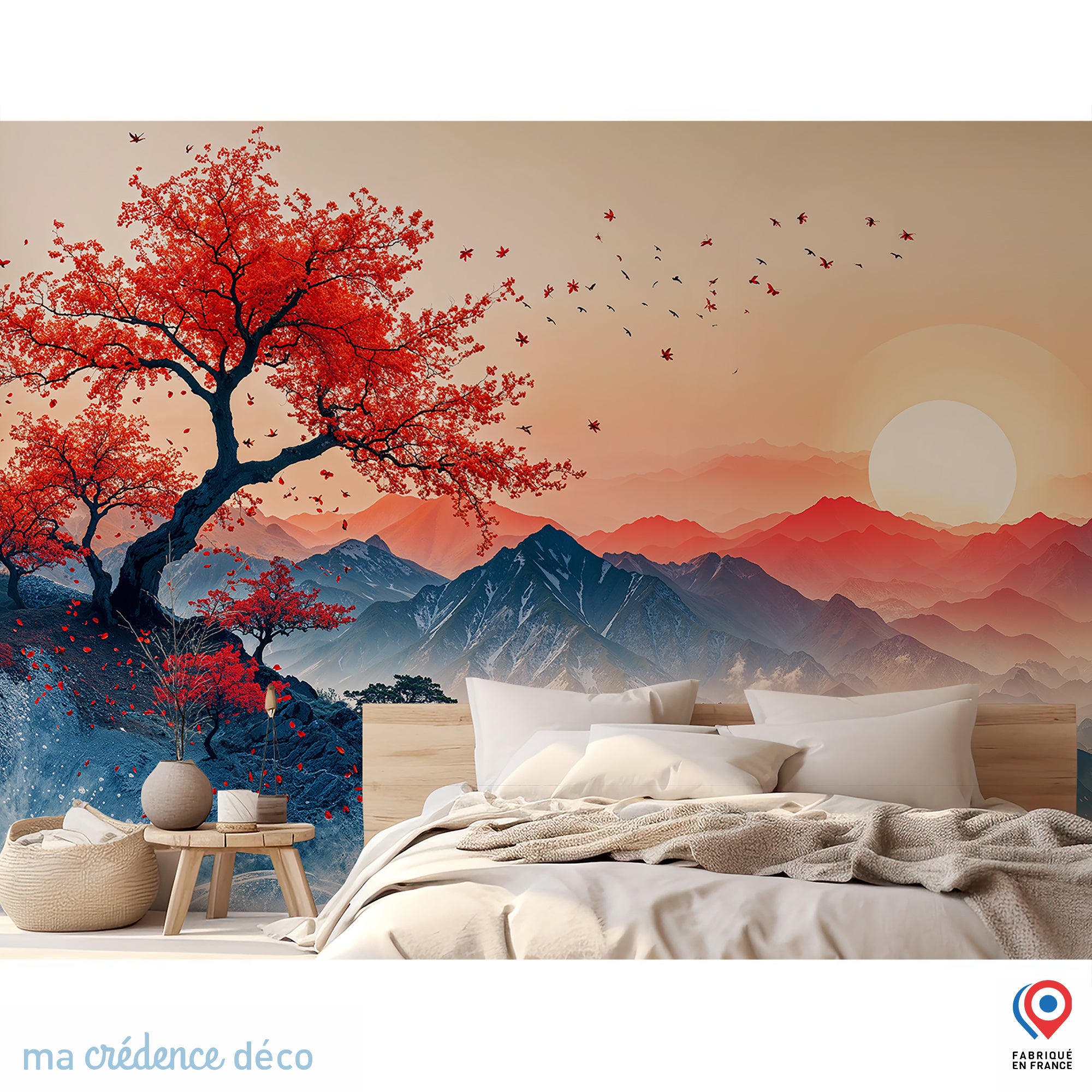 Papier peint Paysage zen, fleurs, montagnes et soleil 2 - Intissé - L ...